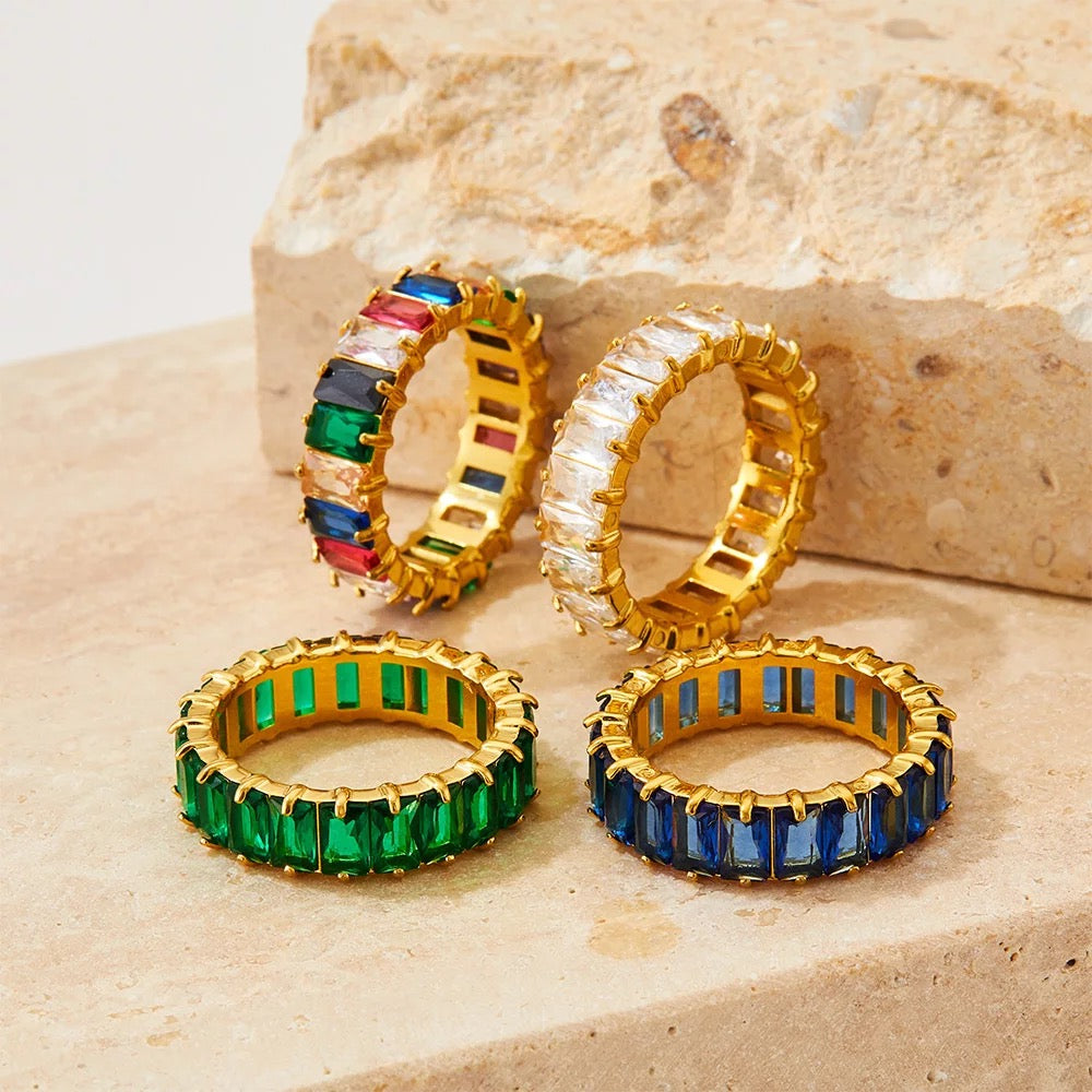 Rectangular Cut CZ Band Ring, Green, Blue, Clear, Colorful, Gold ...